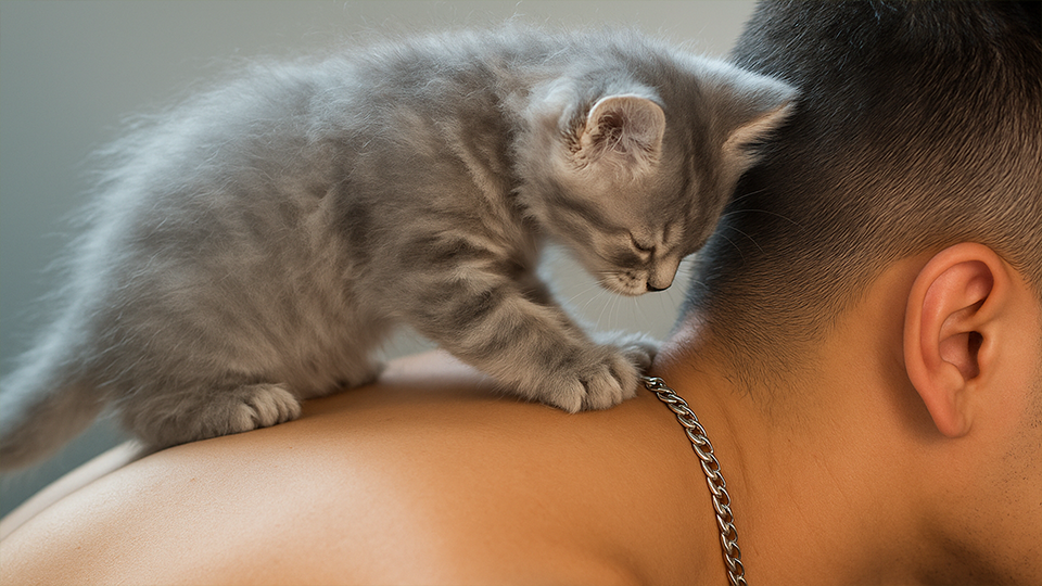 Kittens op schouder speelt met ketting