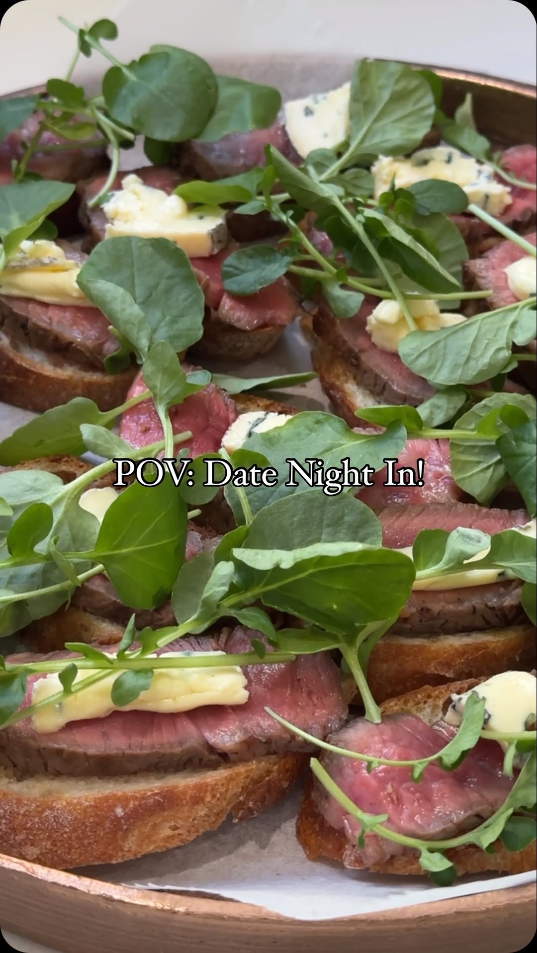 Easy date night steak crostini with cambozola and watercress