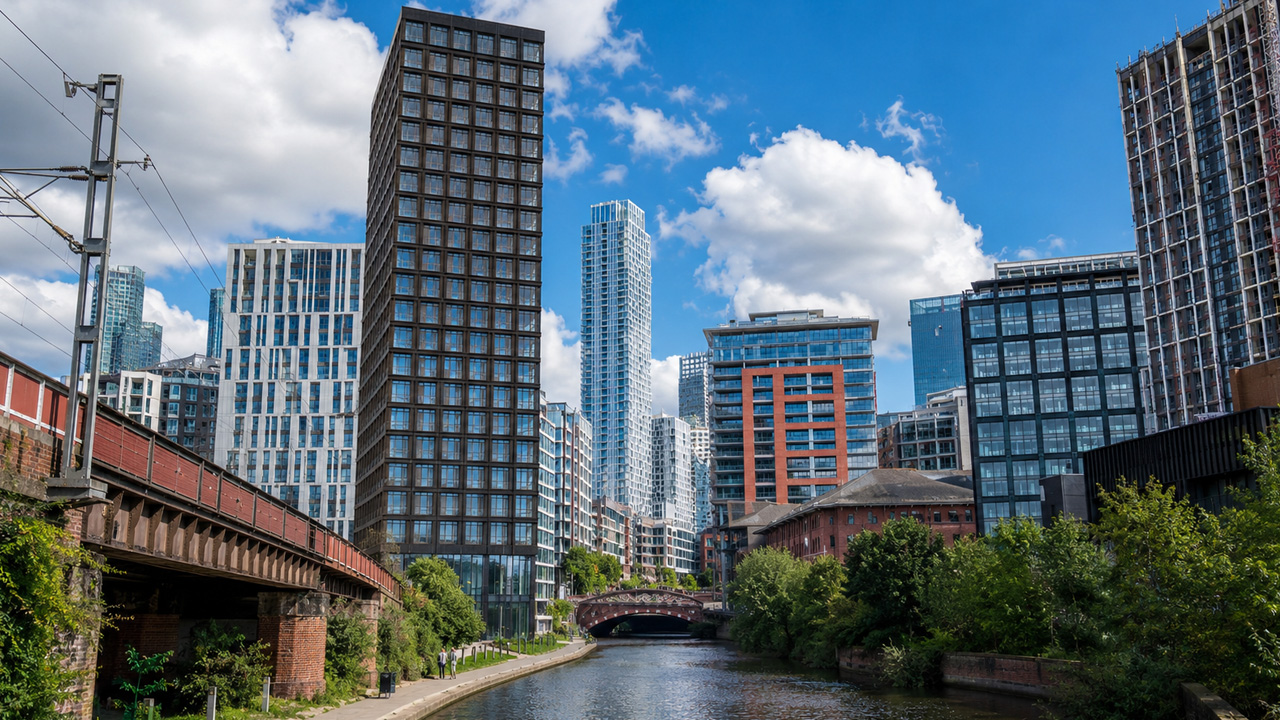 Manchester skyline that looks unreal from this canal view
