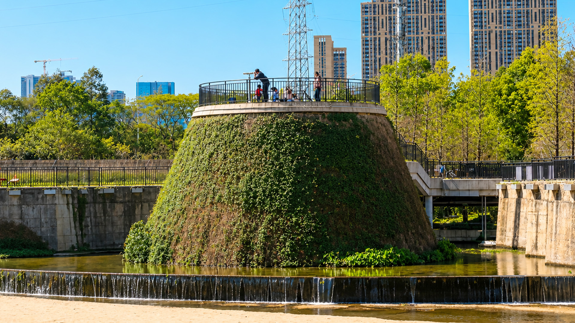 Walking beside China’s urban river where a green mound rises