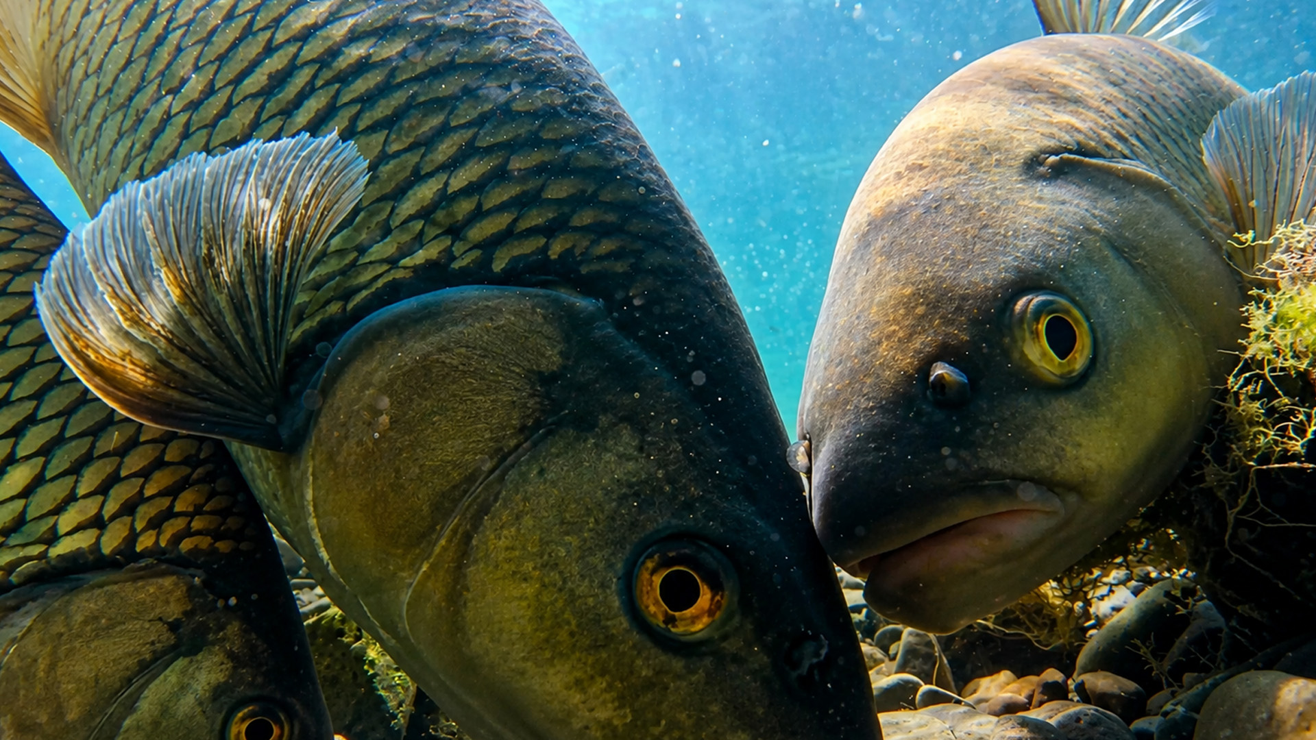 A camera hidden underwater recorded this unexpected encounter