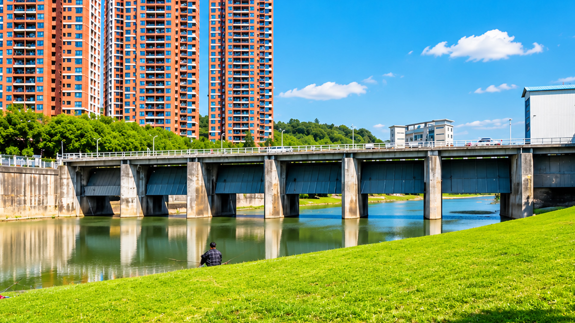 China’s quiet Watergate frames towers grass and slow riverside life