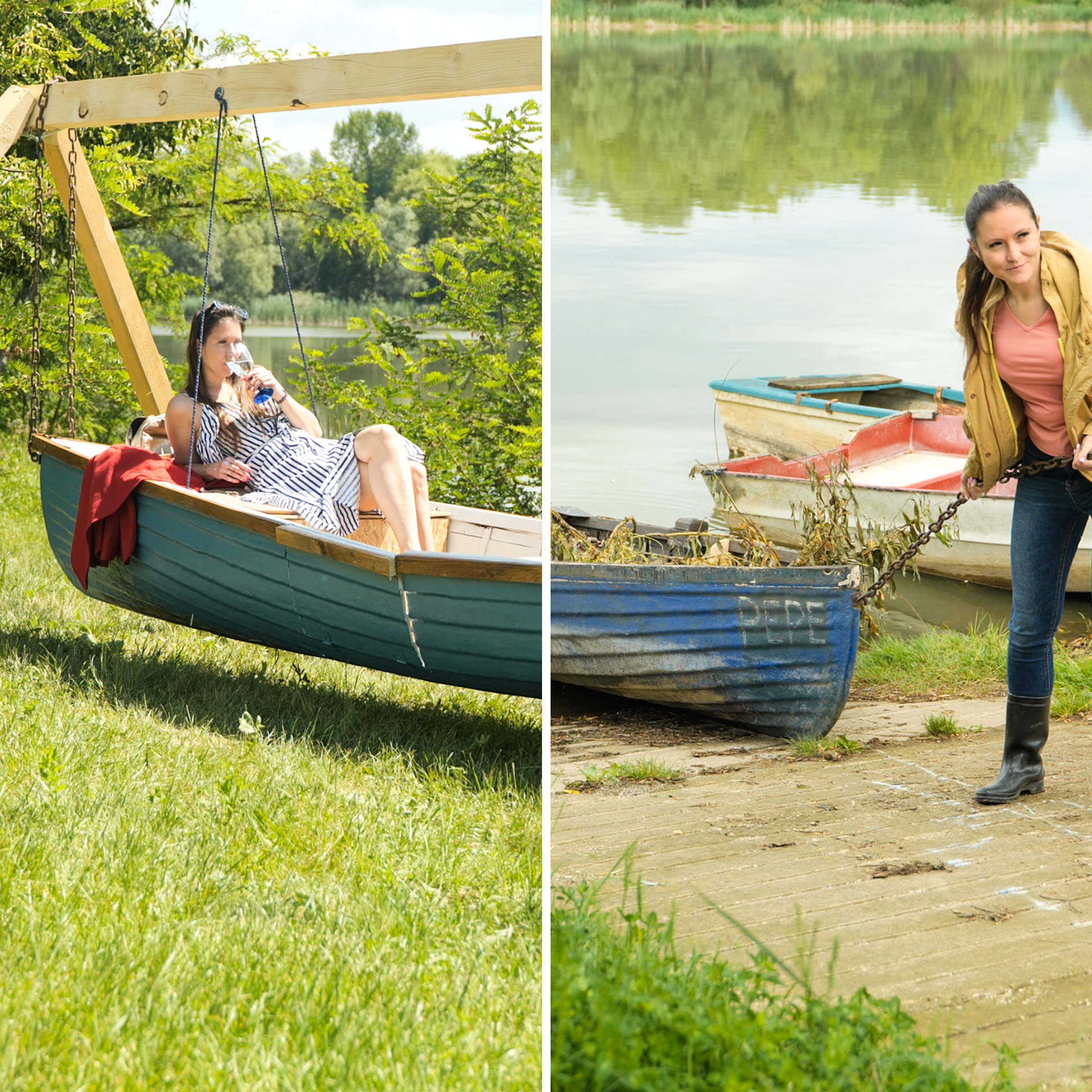 A cute girl renovated an old boat