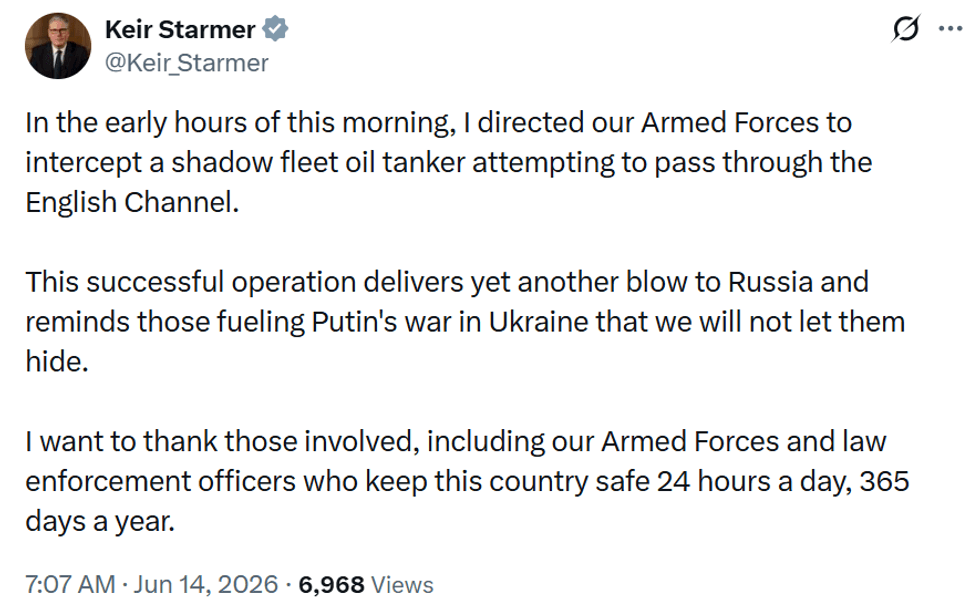 Britain intercepts Russian tanker breaching Channel as PM describes ...