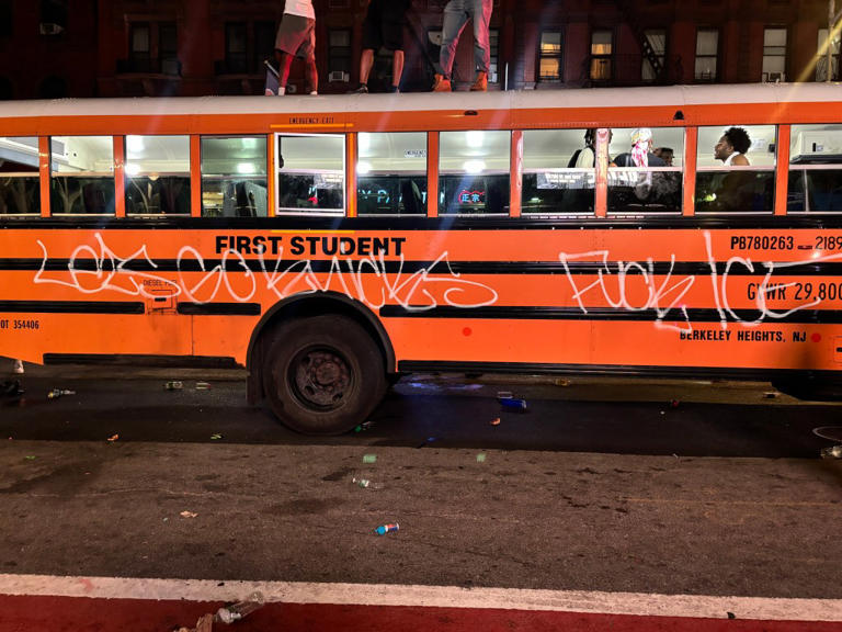 Knicks fans set school bus on fire in Times Square madness: 'I'm scared ...