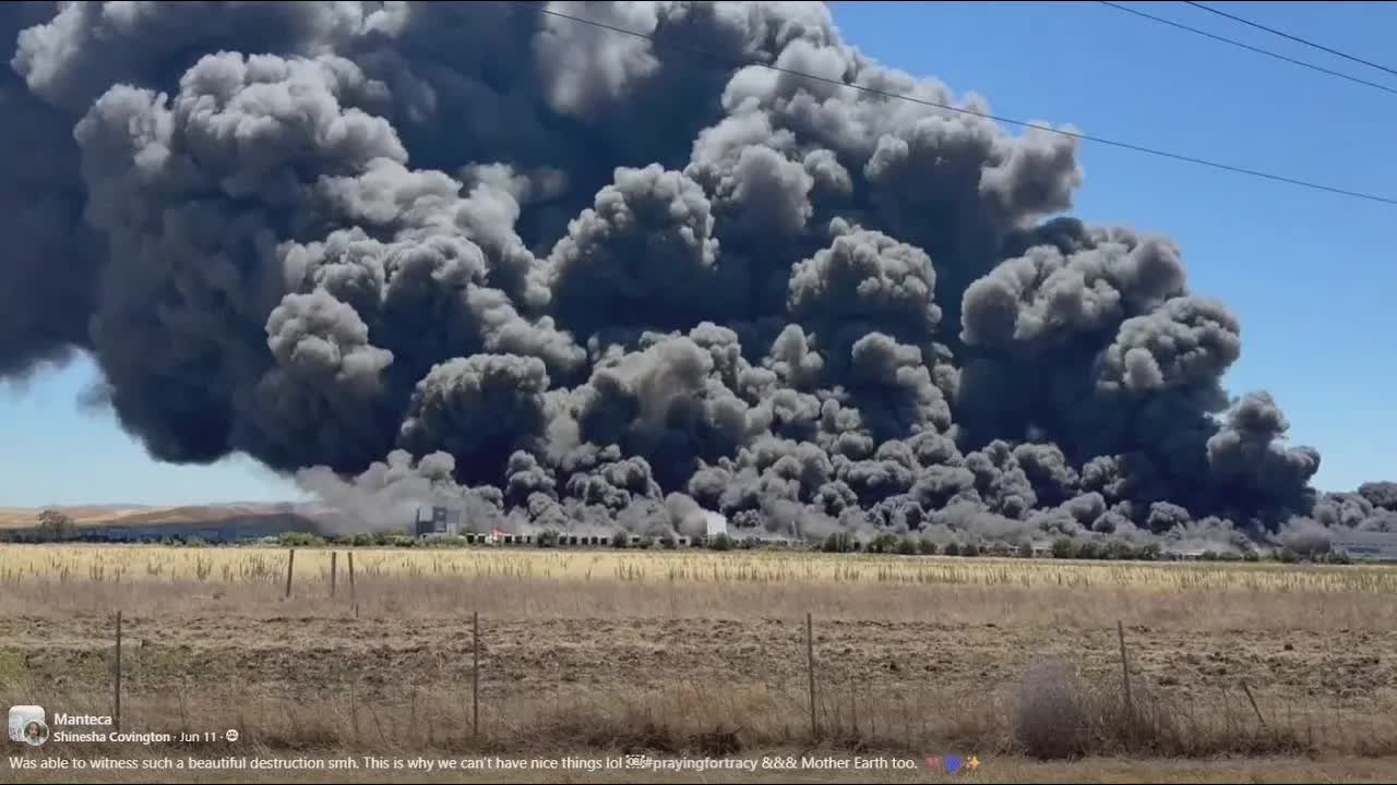 Massive black smoke plume rises from Tracy warehouse fire
