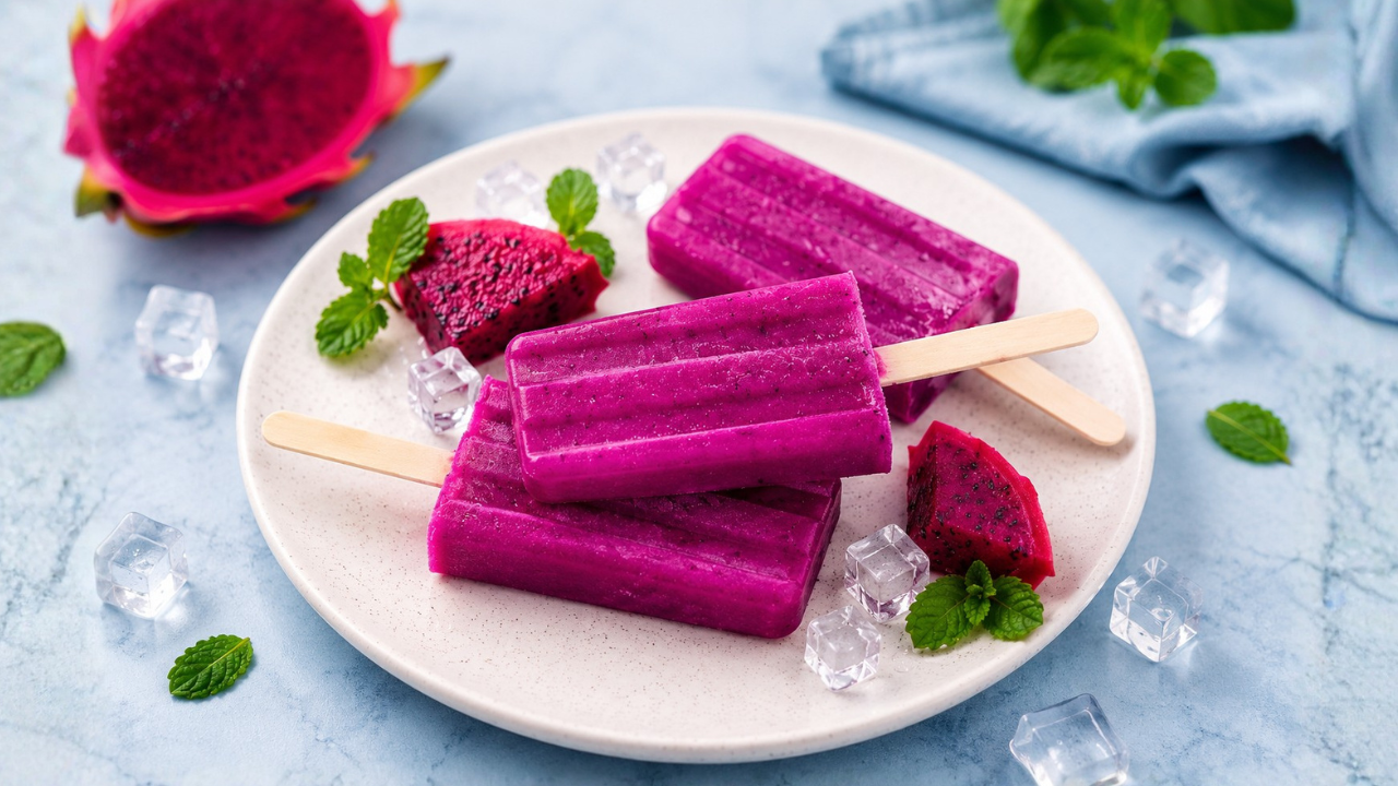 Dragon fruit popsicles with fresh mint