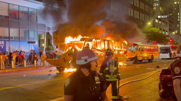 Knicks fans set school bus on fire in Times Square madness: 'I'm scared ...