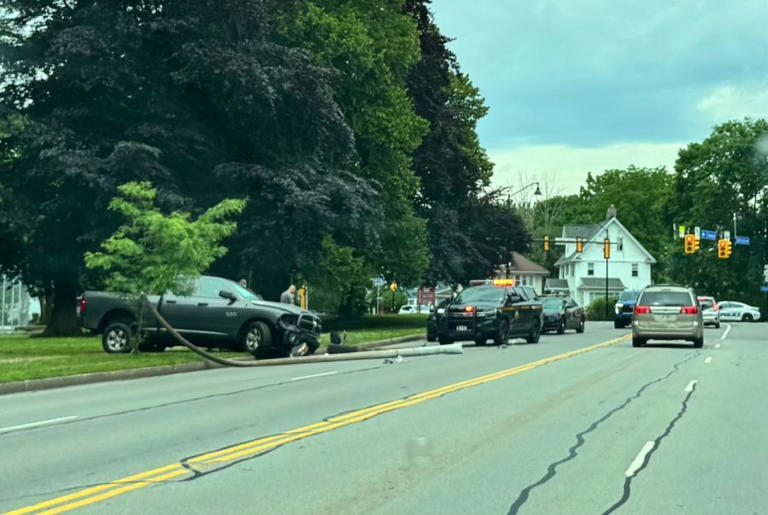 Utility pole down after crash near Elmwood, Genesee