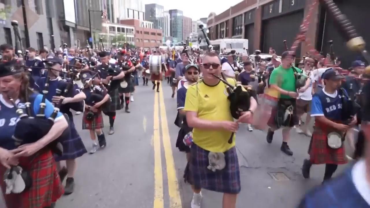 Scotland fans celebrate win over Haiti with bagpipes in Boston
