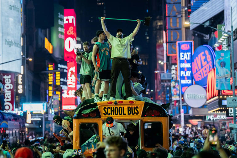 Knicks fans set school bus on fire in Times Square madness: 'I'm scared ...
