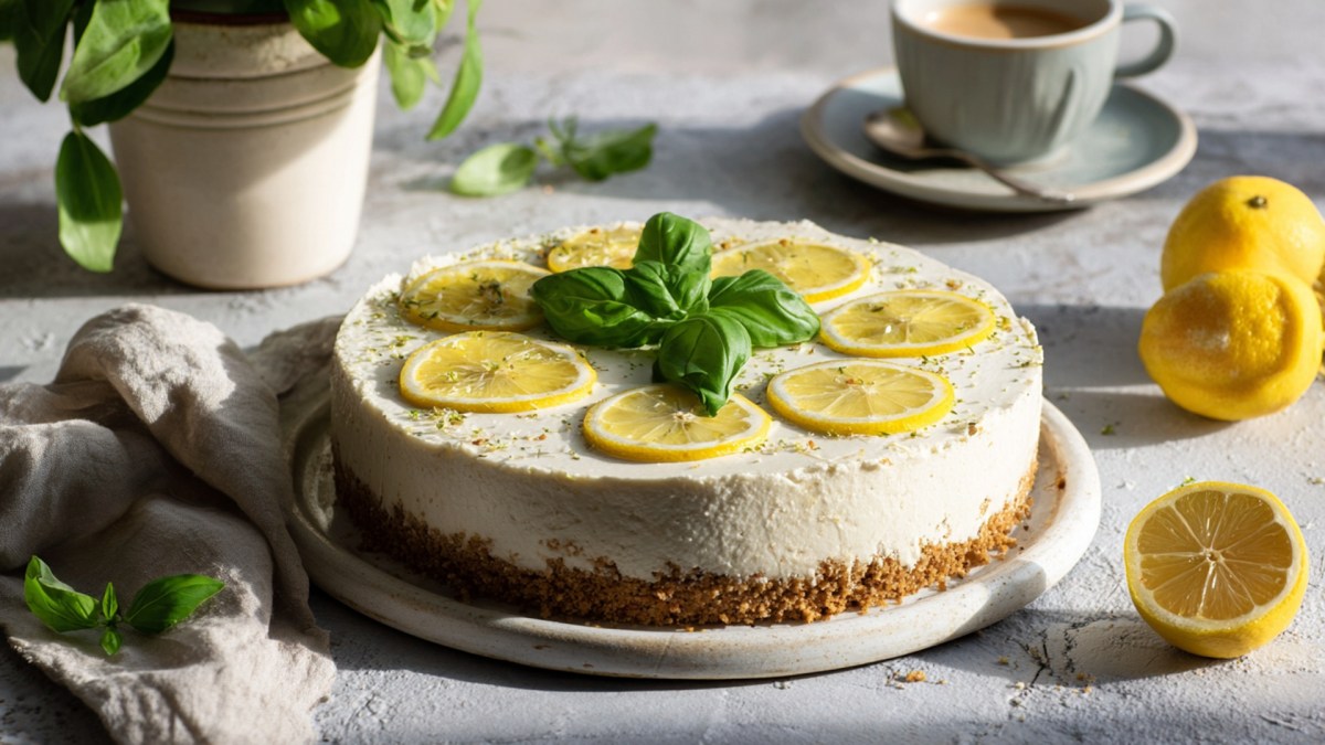 Zitrone und Basilikum verschmelzen zum perfekten Käsekuchen für heiße Tage