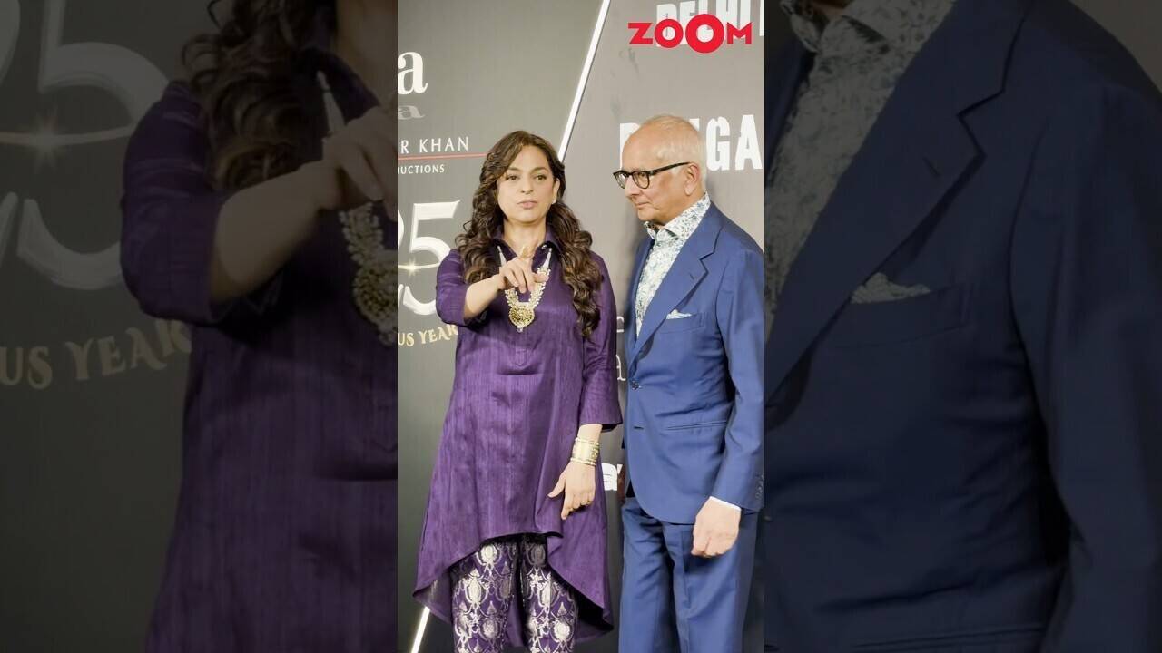 Juhi Chawla directs her husband on how to pose for photographers at an ...