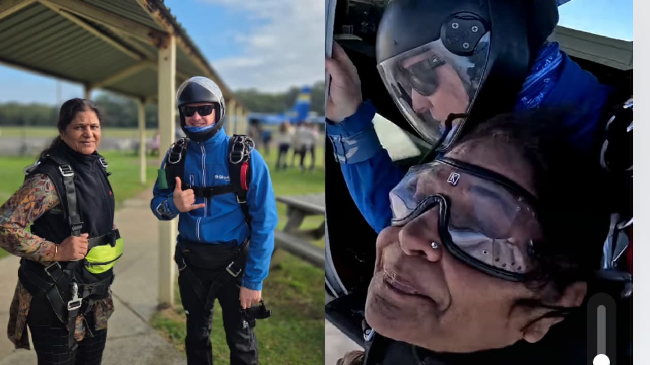 Fit to fly at 73: Woman's first skydiving jump goes viral as daughter ...