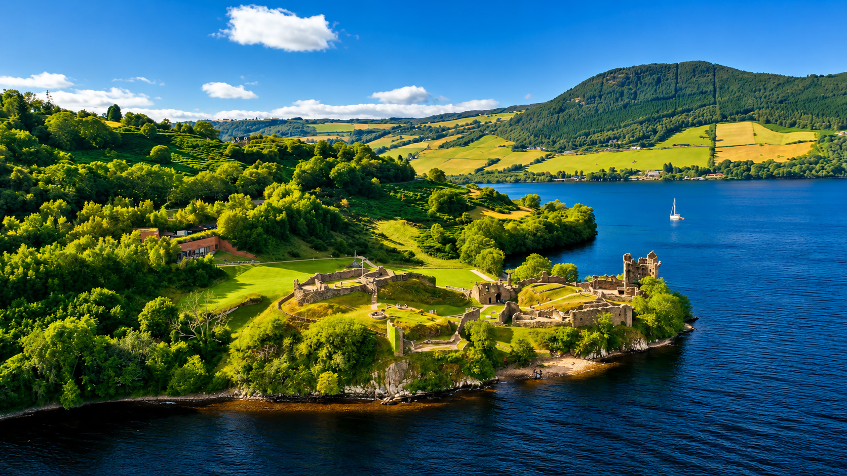 A ruined highland fortress standing on the edge of Loch Ness