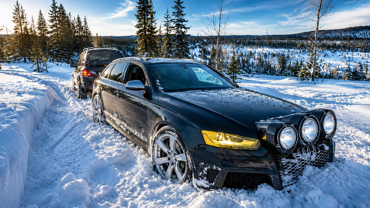 Audi RS4 Quattro gets stuck on a ski slope