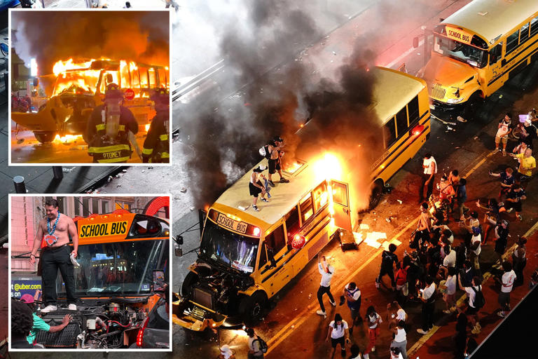 Knicks fans set school bus on fire in Times Square madness: 'I'm scared ...