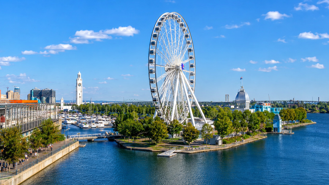 Montreal Old Port Ferris wheel and waterfront from above