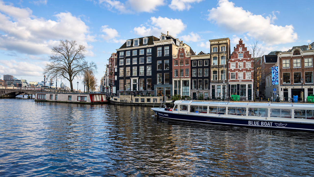 Canal boats pass Amsterdam’s classic evening streets