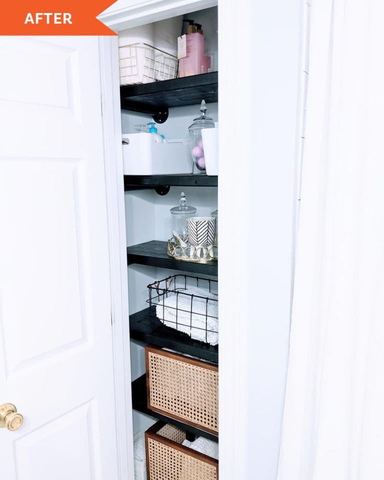 A windowless bathroom got an open and airy redo that's actually functional