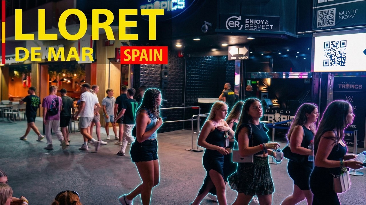 Lloret de Mar at night 4K evening city walk, Costa Brava, Spain