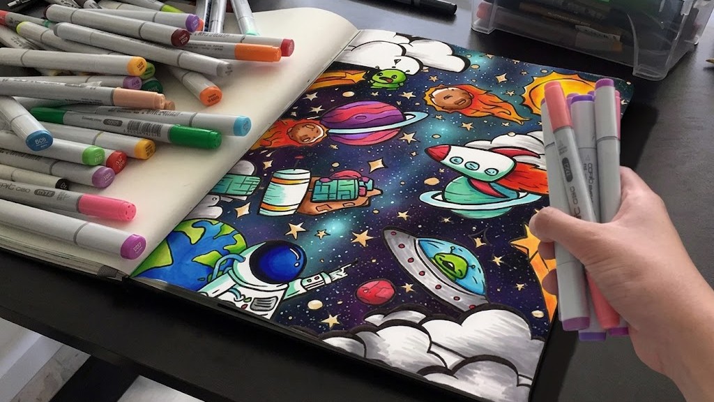 How this space doodle was built with Copic markers