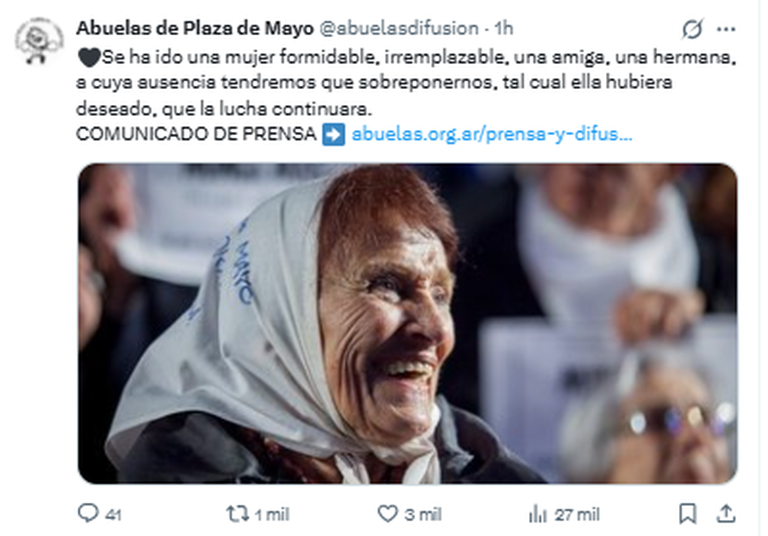 El mensaje de Cristina Kirchner en homenaje a Taty Almeida