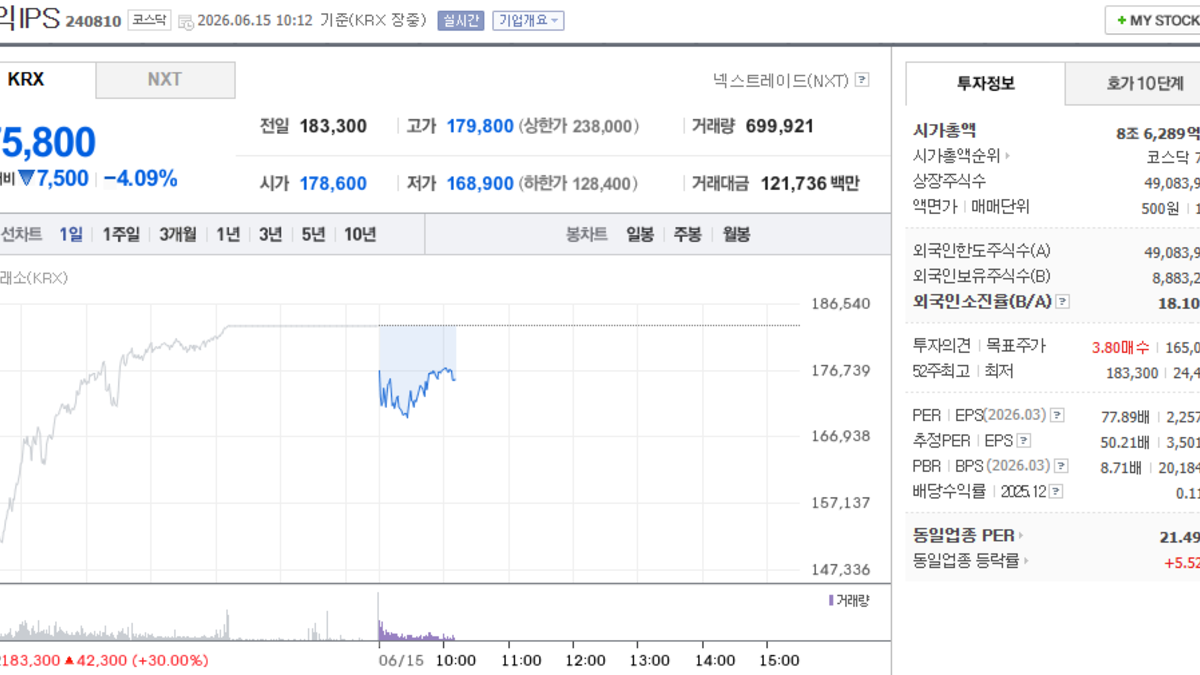 원익IPS, 주가 6월 15일 장중 175,800원 4.09% 하락