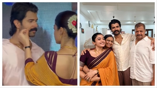 Rashmika Mandanna fixes Vijay Deverakonda’s moustache at event, wipes ...