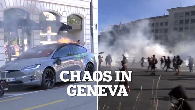 Tear gas used on protestors as Tesla car set on fire in Geneva