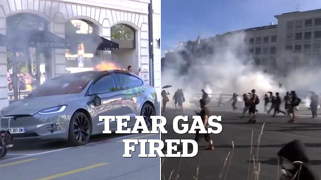 Tear gas used on protestors as Tesla car set on fire in Geneva