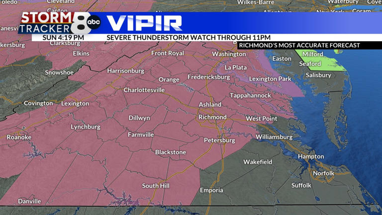 Severe thunderstorm warning, watch issued for much of central Virginia