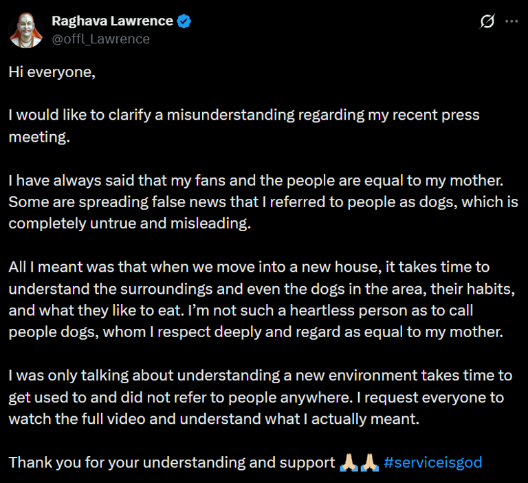 Actor Raghava Lawrence clarifies 'dog' analogy after backlash: It's ...