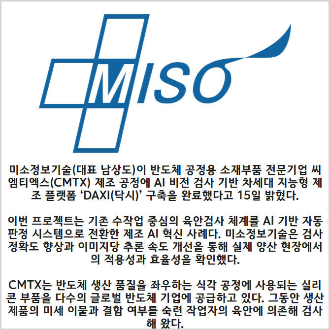 [카드] 미소정보기술, CMTX 반도체 생산라인에 AI 제조 플랫폼 구축