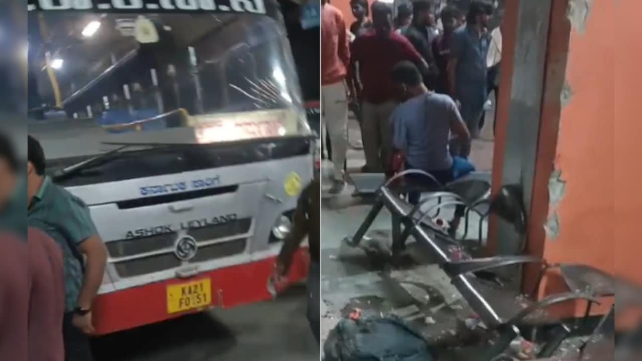 Out-of-control bus crashes into Karnataka bus stand, leaves man injured