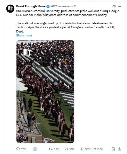Stanford students walk out during Sundar Pichai's graduation speech ...