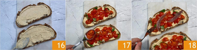 Bruschetta with cherry tomatoes, hummus and anchovies