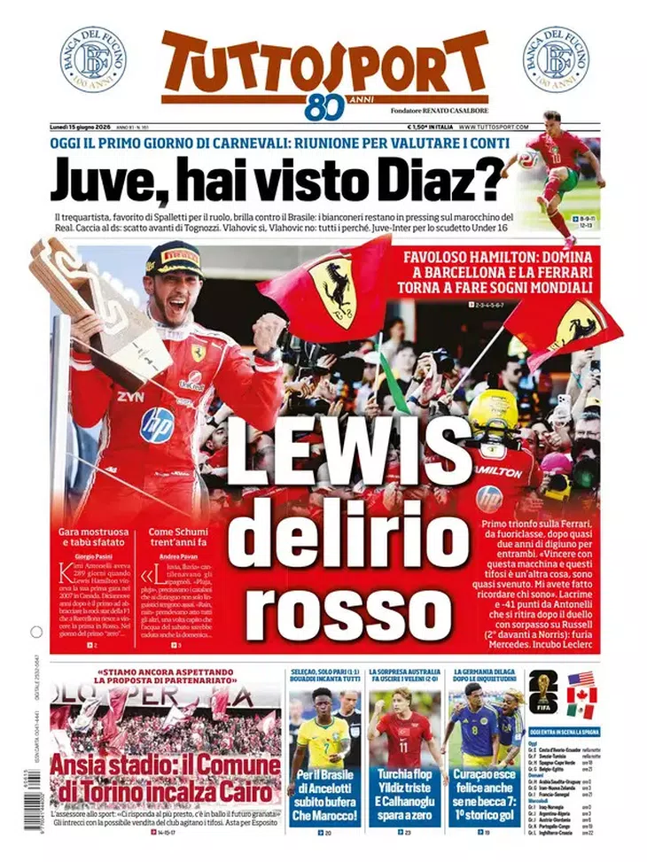 Le prime pagine dei quotidiani sportivi: "Lewis delirio rosso"