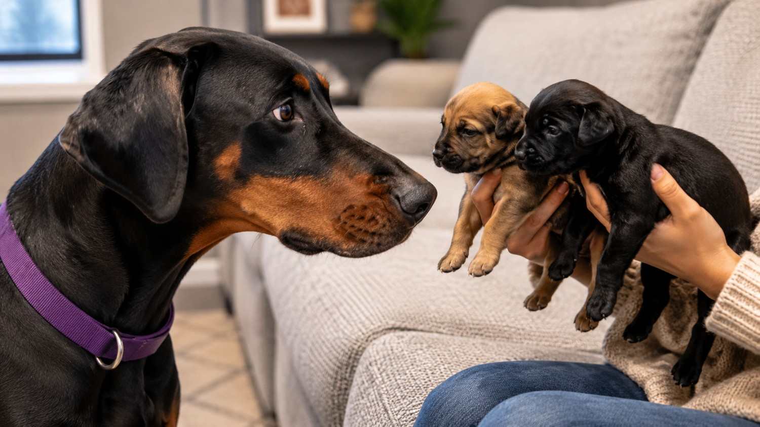 Doberman meets the tiniest rescue puppies