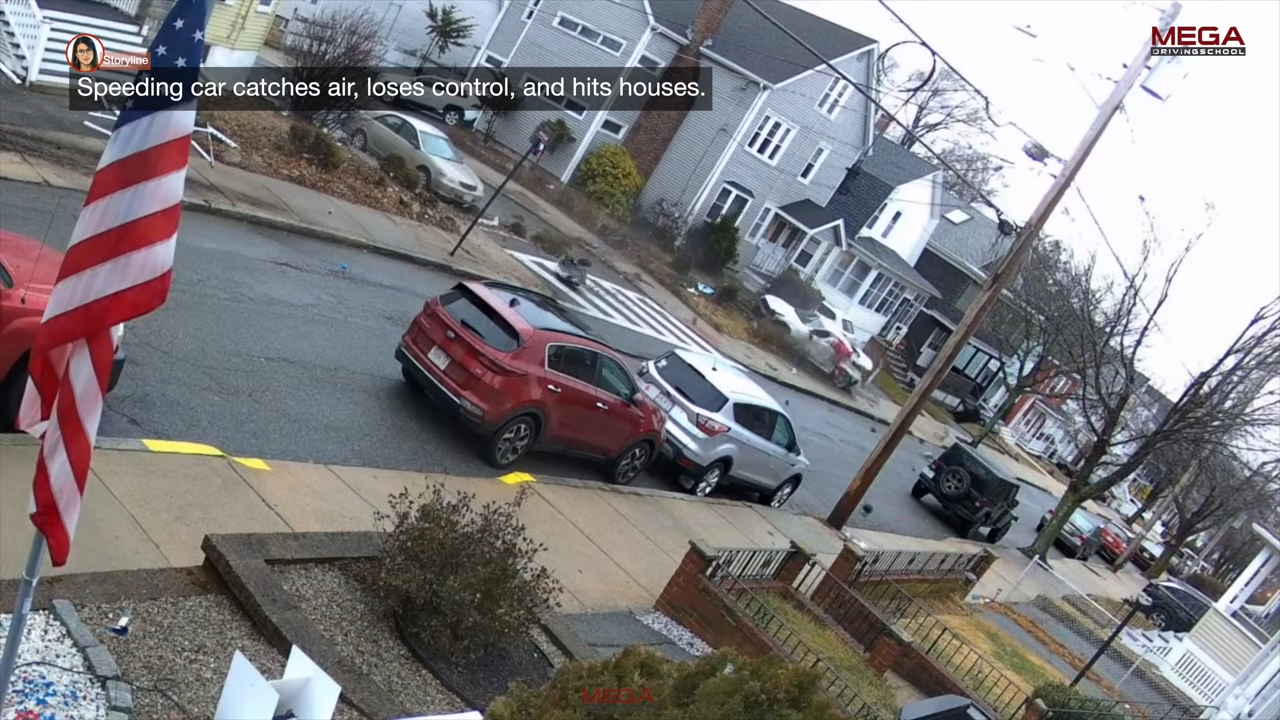 Speeding car flies through the air and smashes into houses