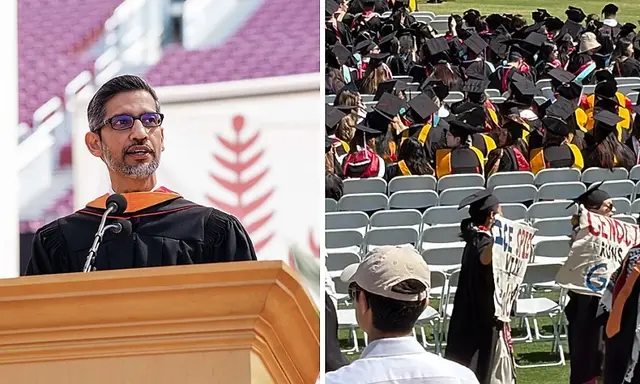Students walk out as Sundar Pichai speaks at Stanford graduation ...