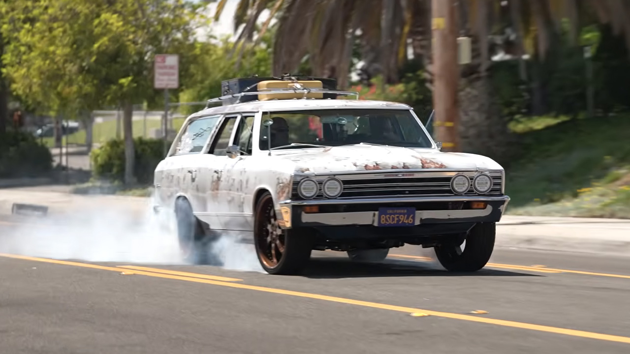 Rusty '67 Chevelle wagon delivers wild street slides with nitrous