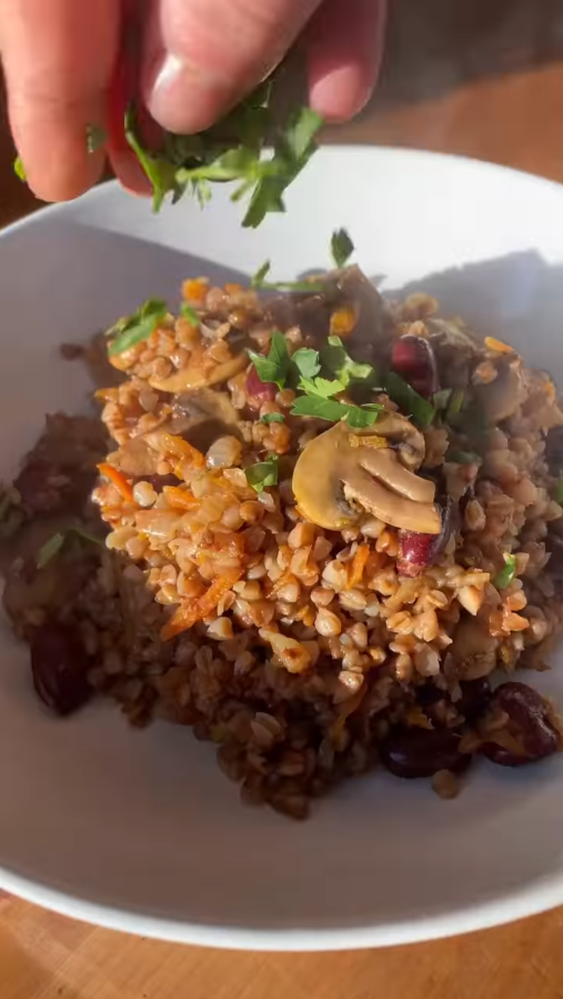 A hearty mushroom and buckwheat dish made in one pot