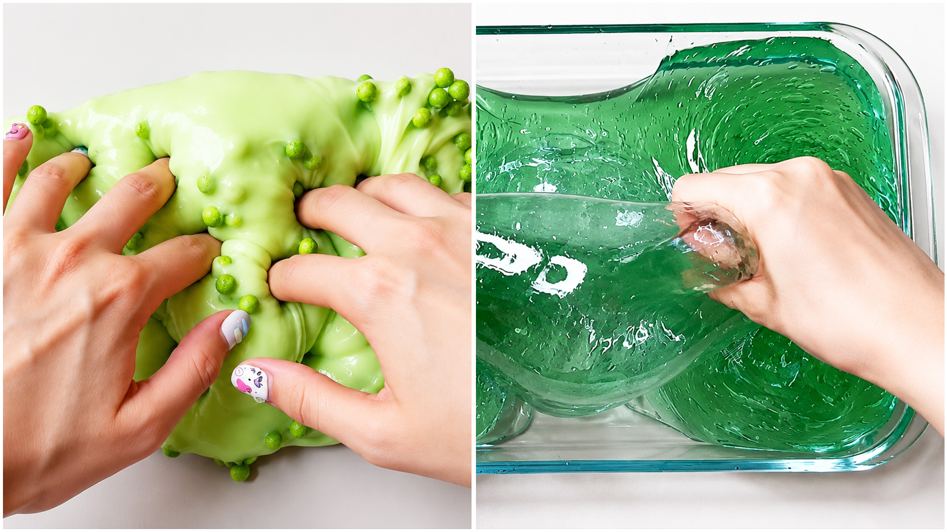 Green slime stretching and crunchy bead mixing