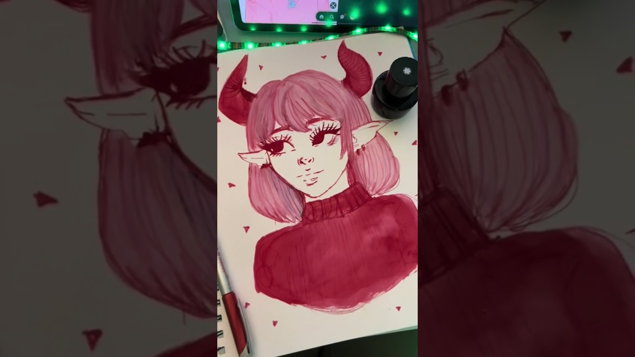 ¡Dibujo un personaje anime con tinta roja y pluma fuente! Proceso ...