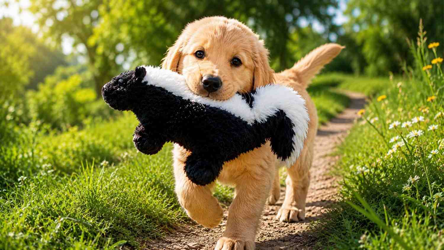 Golden retriever puppy loves his skunk surprise