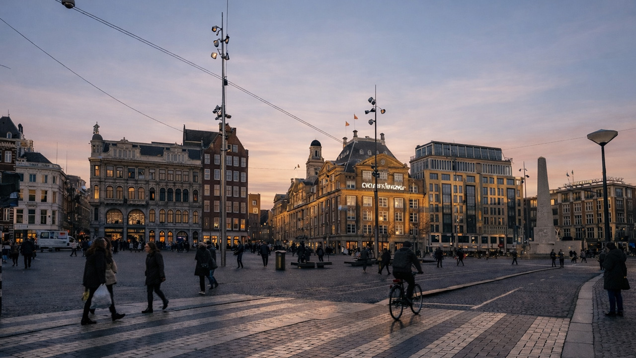 Dam Square glows during Amsterdam’s sunset walk