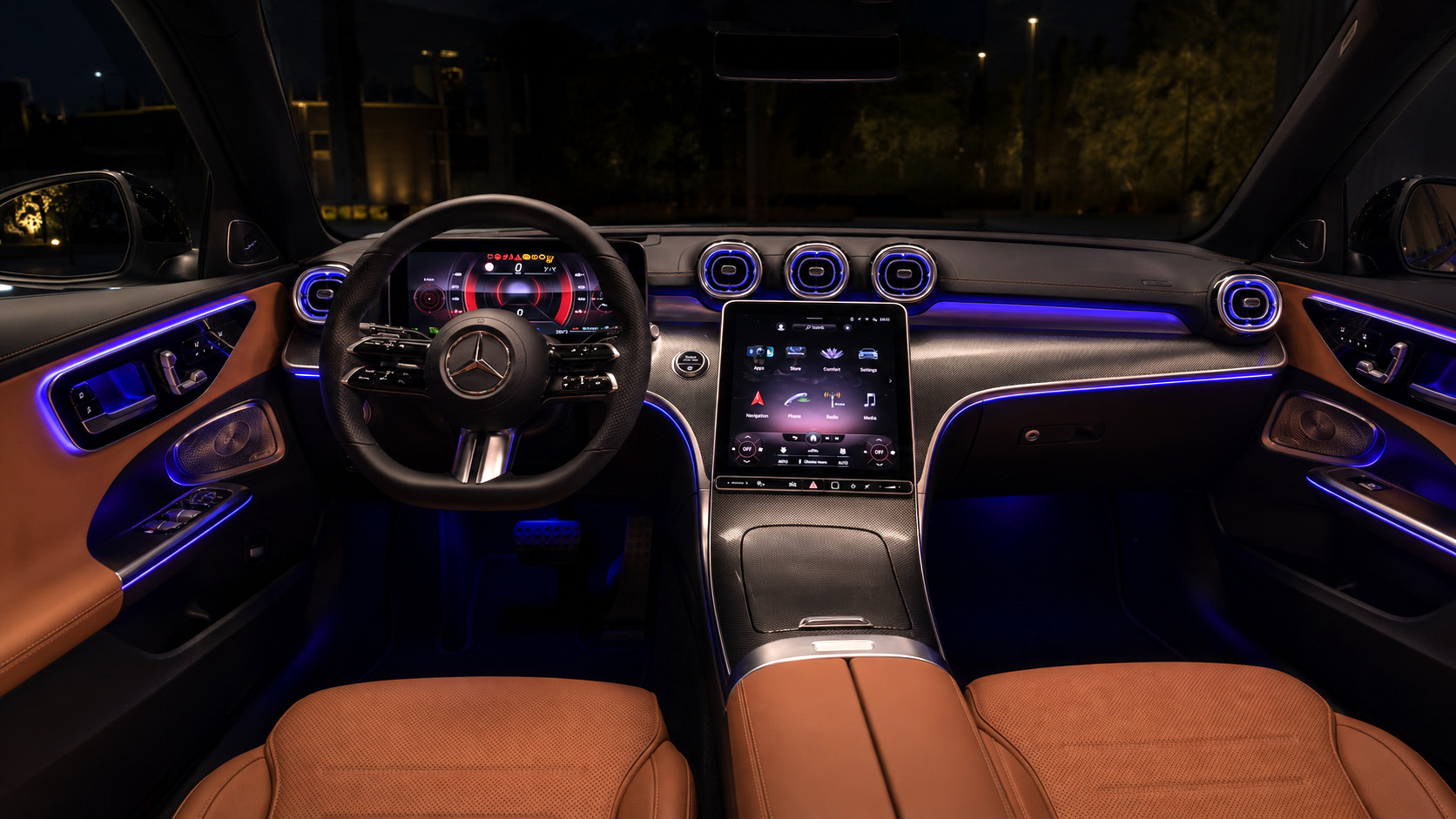 Inside the Mercedes C-Class with luxury ambient lighting