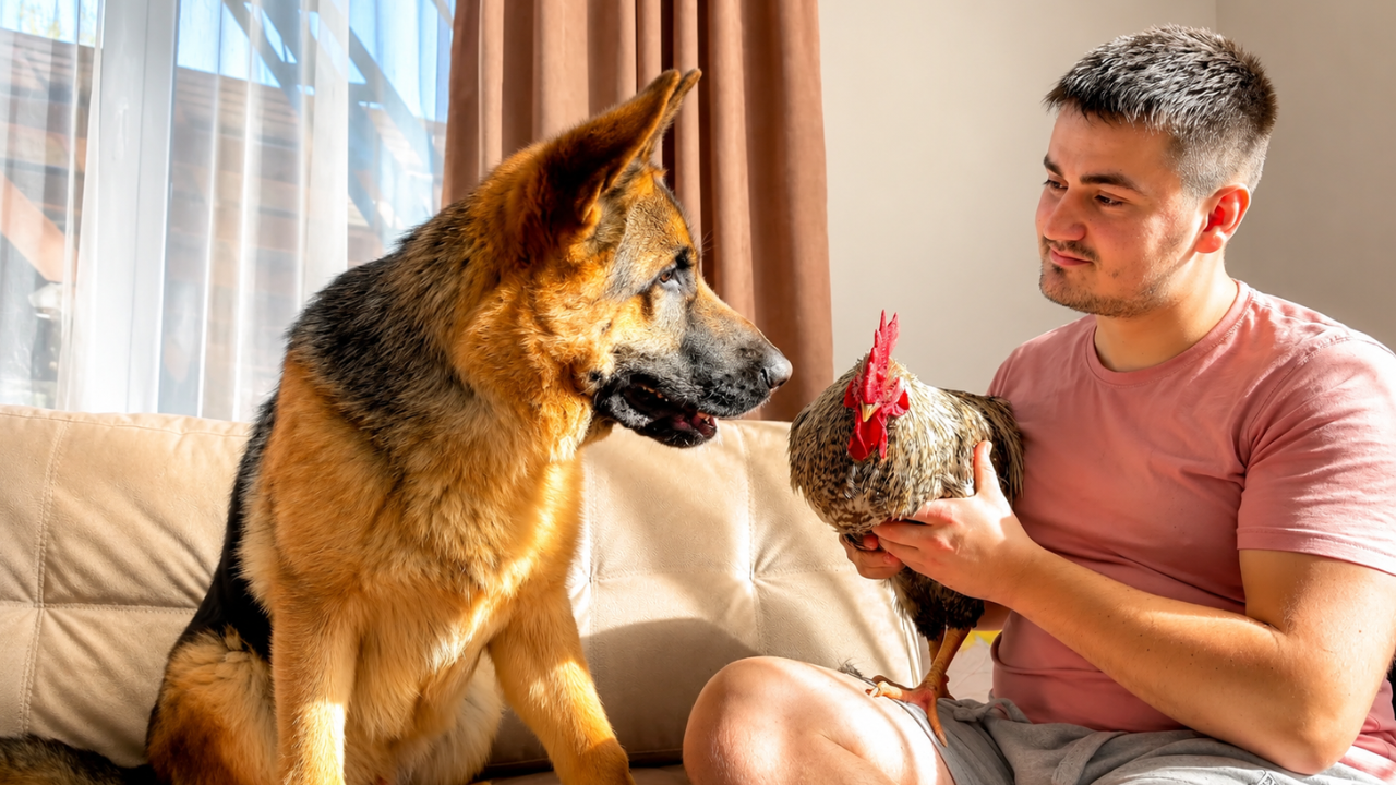 German shepherd meets a rooster for the first time