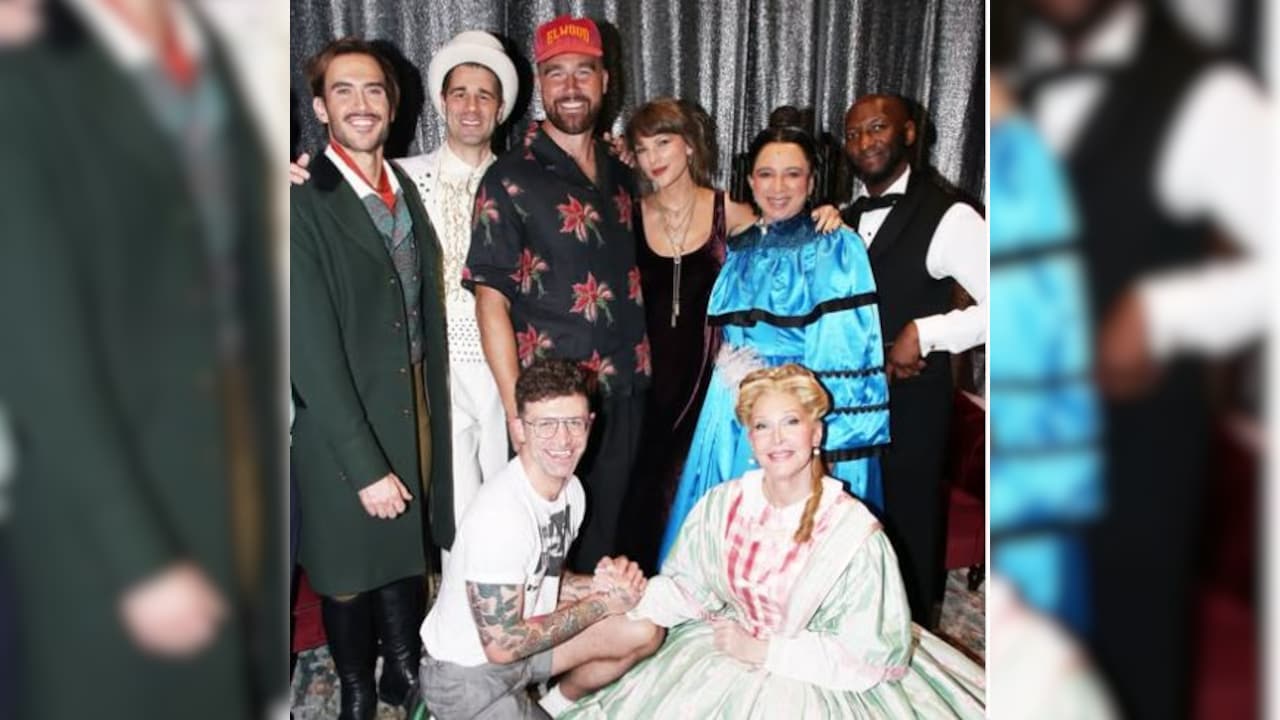 Taylor Swift and Travis Kelce laugh, cheer and clap during Broadway ...
